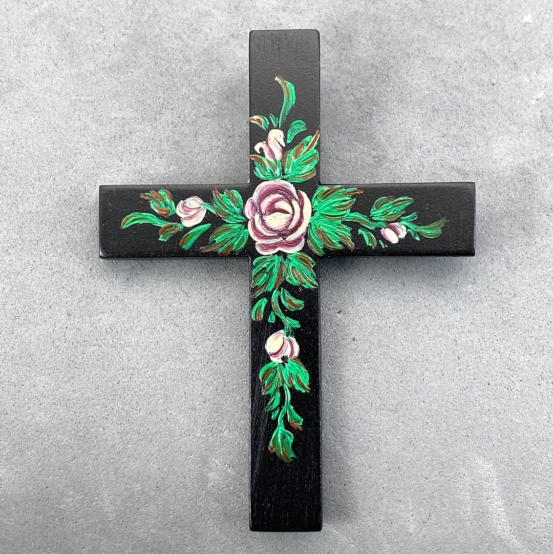 Black Teakwood Cross With Painted Rose, Stem and Leaves, Gothic Style ...