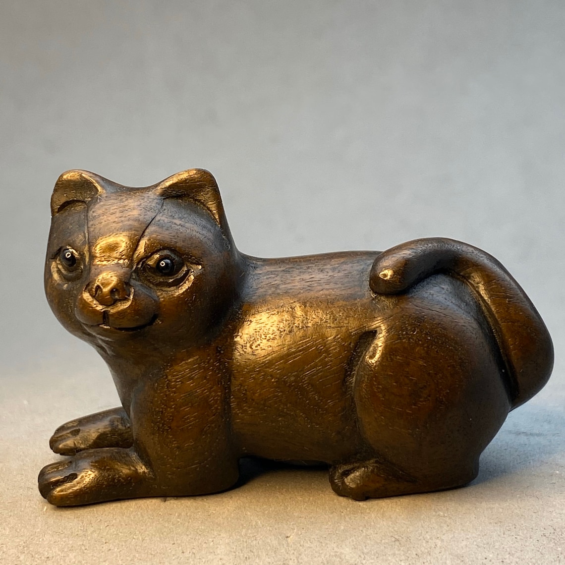 Hand Carved Teakwood Cat Netsuke, Wood Cat Netsuke, Wood Cat Charm ...