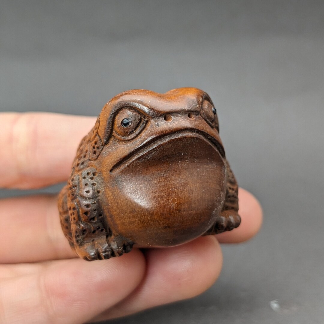 Hand Carved Boxwood Toad Netsuke, Wood Toad Charm, Toad With Huge Belly ...