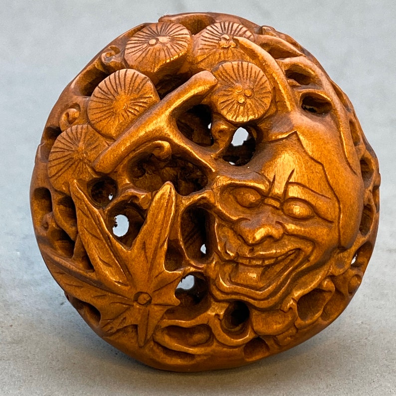 Hand Carved Boxwood Oni Mask Scholar Object, Intricately Carved ...