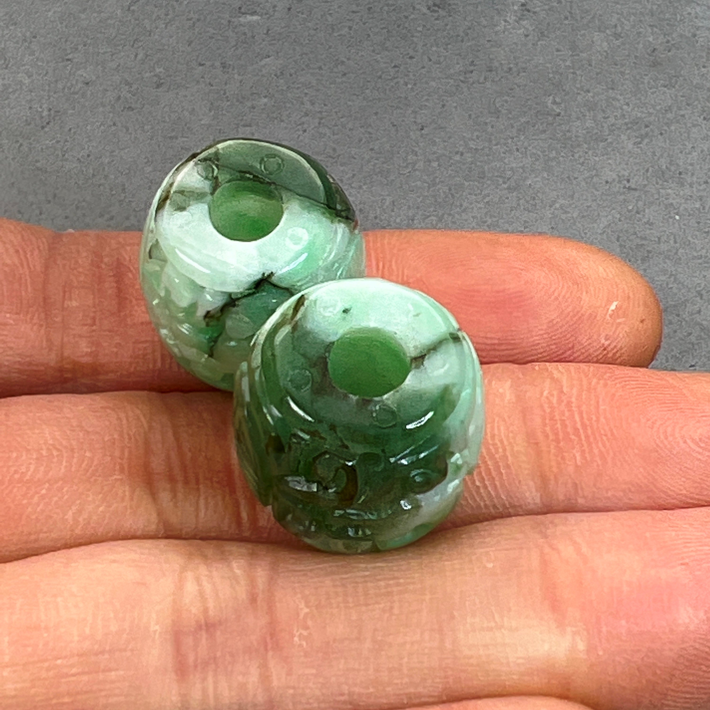 One Pair Hand Carved Jadeite Barrel Bead: Green Jadeite Bead - Etsy