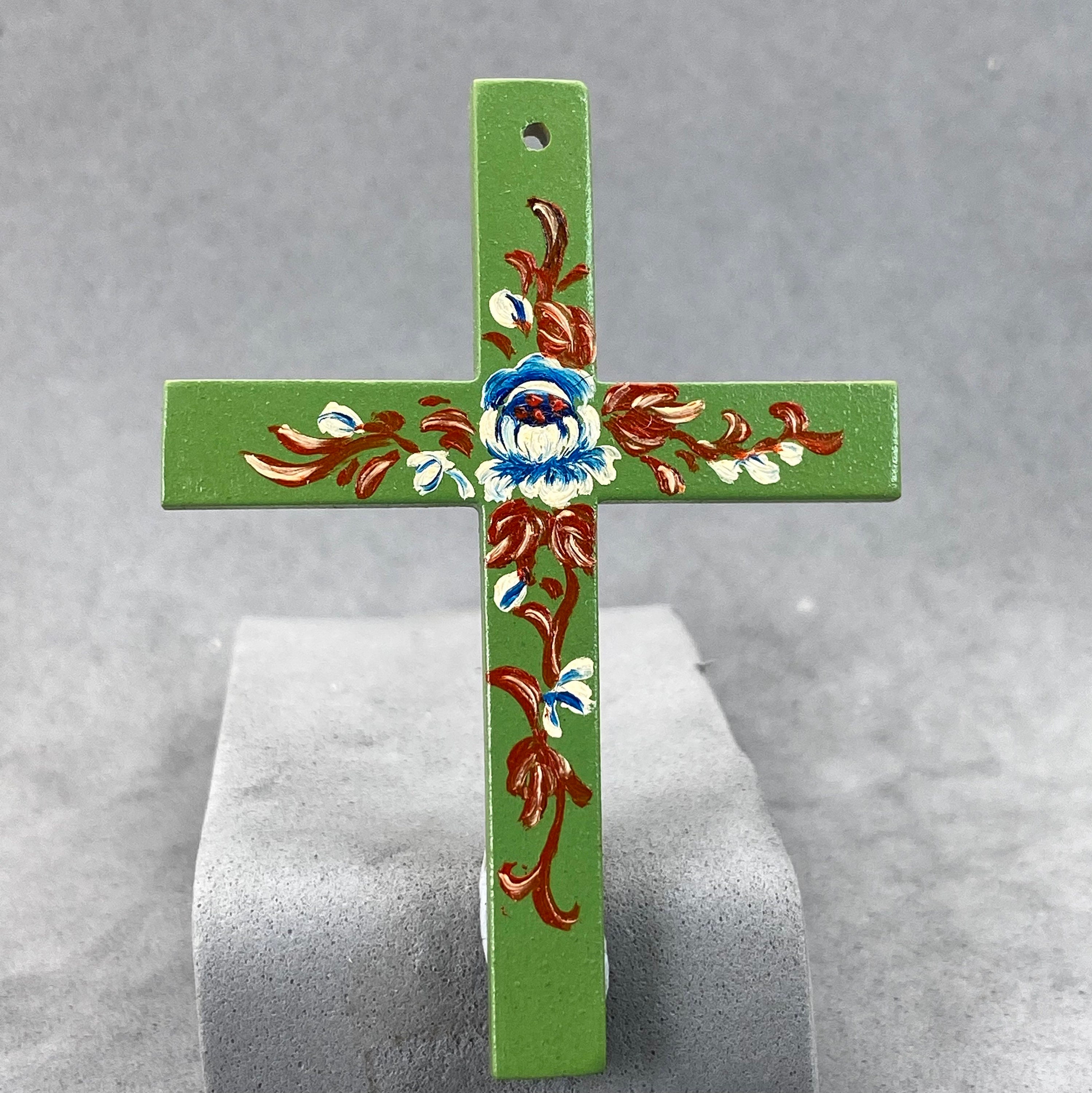 Evergreen Wood Cross Pendant Hand Painted With Flower Bouquet, Flower ...