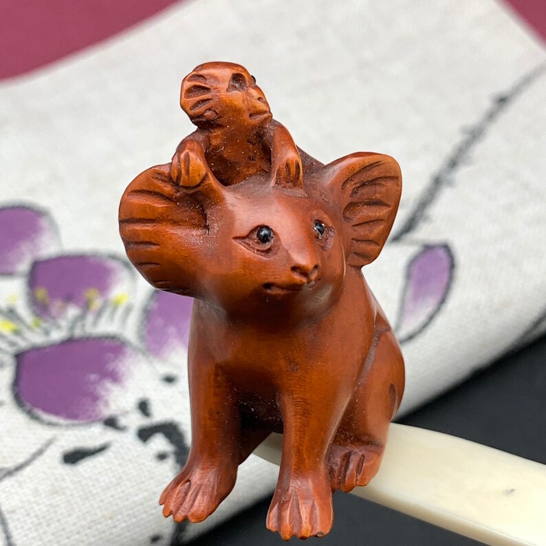 Hand Carved Boxwood Netsuke of Mother and Baby Koala, Signed by Artist ...