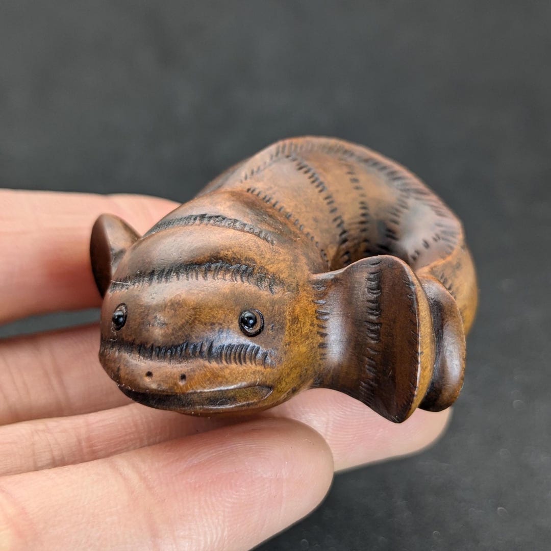 Hand Carved Boxwood Fish Netsuke, Wood Fish Netsuke, Catfish Netsuke, Signed - Etsy