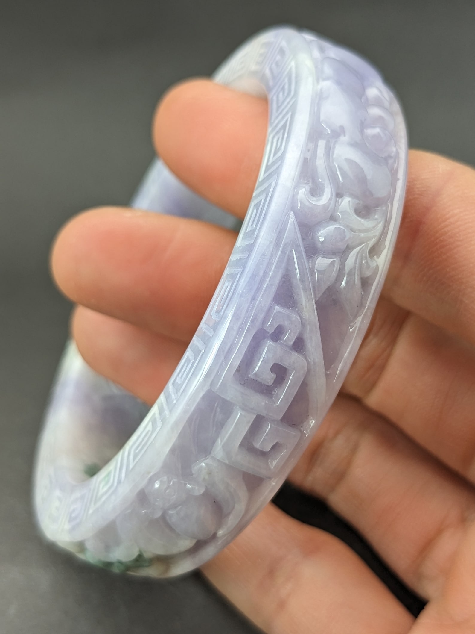 Estate Sales: Jadeite Bangle Carved With Flowers, Lavender Jade Flower ...