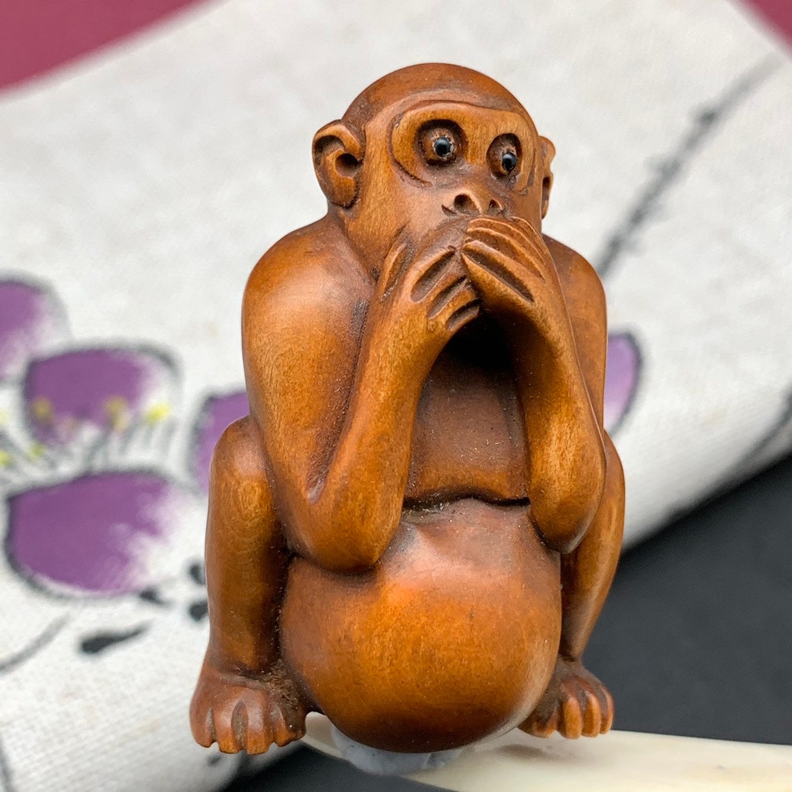 Hand Carved Boxwood Monkey Netsuke Speak No Evil Boxwood - Etsy