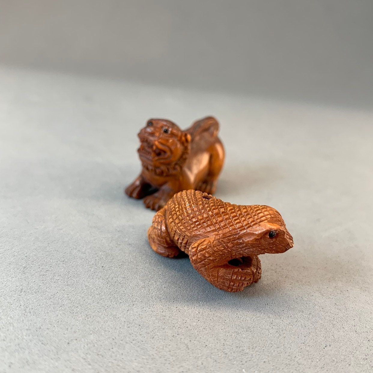 2 Hand Carved Boxwood Ojime of Japanese Mythical Animal Fu | Etsy