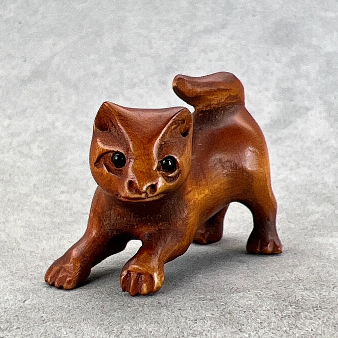 One Hand Carved Boxwood Ojime: Cat, Wood Cat Ojime, Wood Cat Bead ...