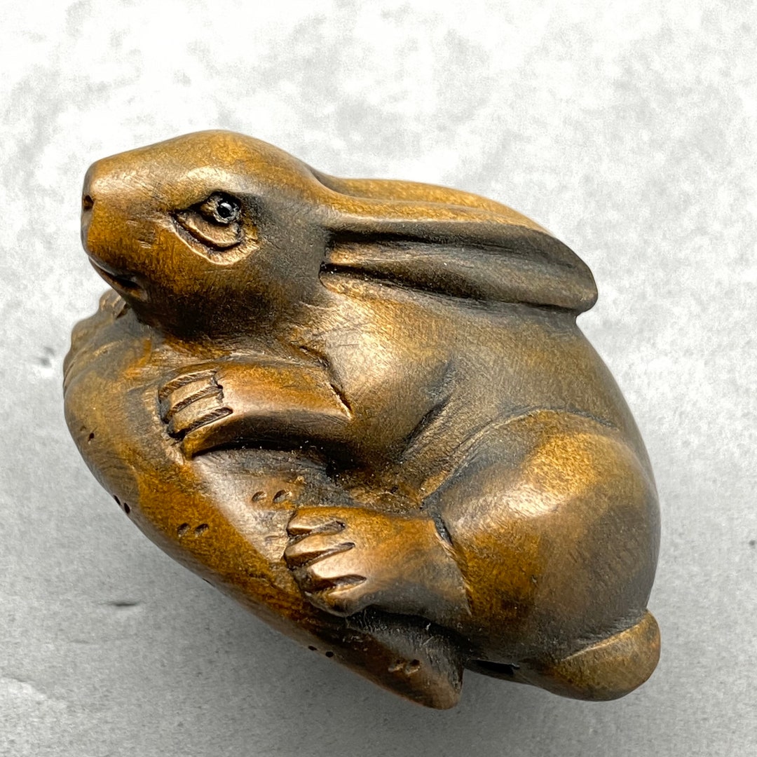 Hand Carved Boxwood Netsuke of Rabbits, Year of Hare, Rabbit Charm ...