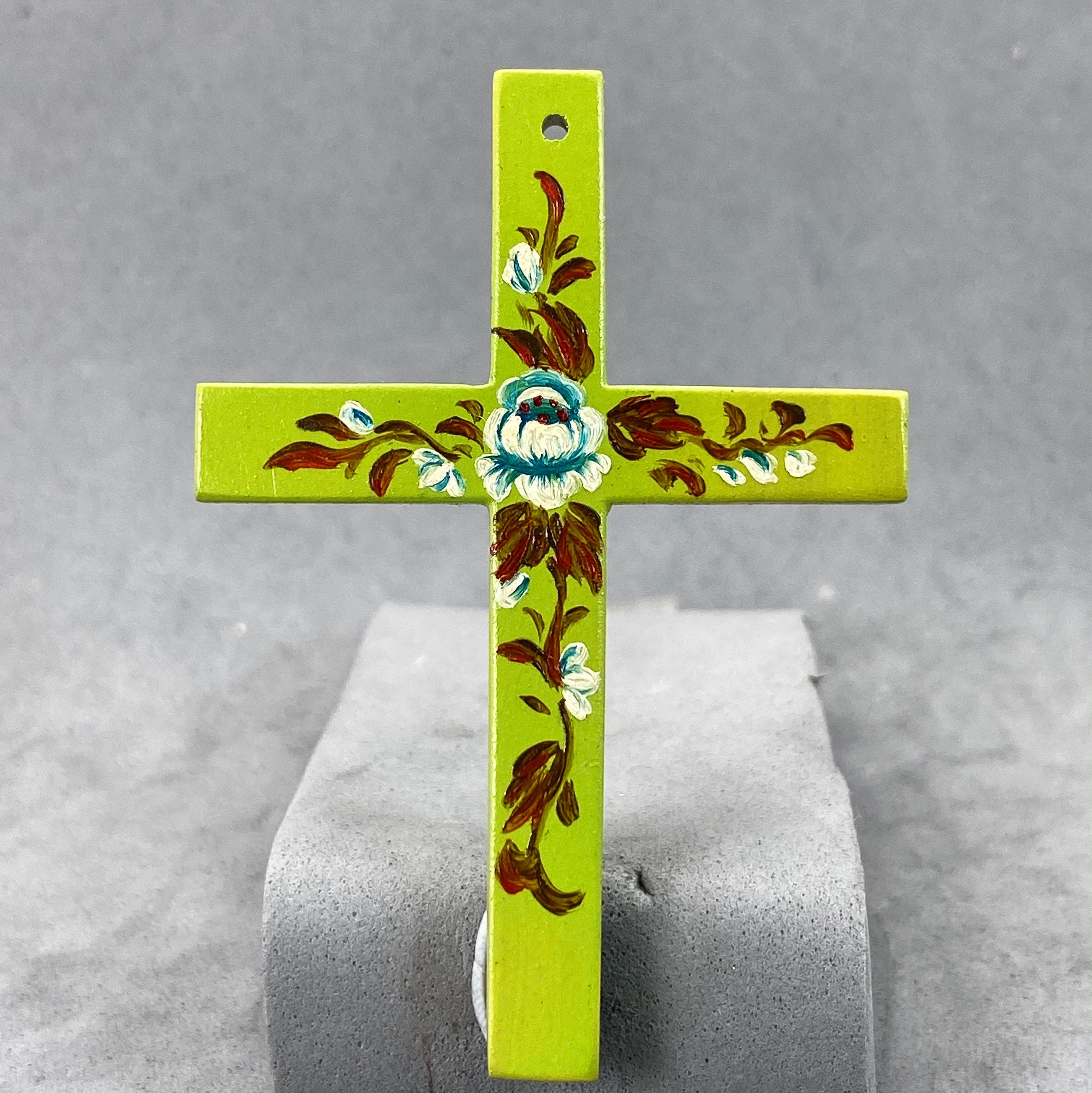 Lime Green Wood Cross Pendant Hand Painted With Flower - Etsy