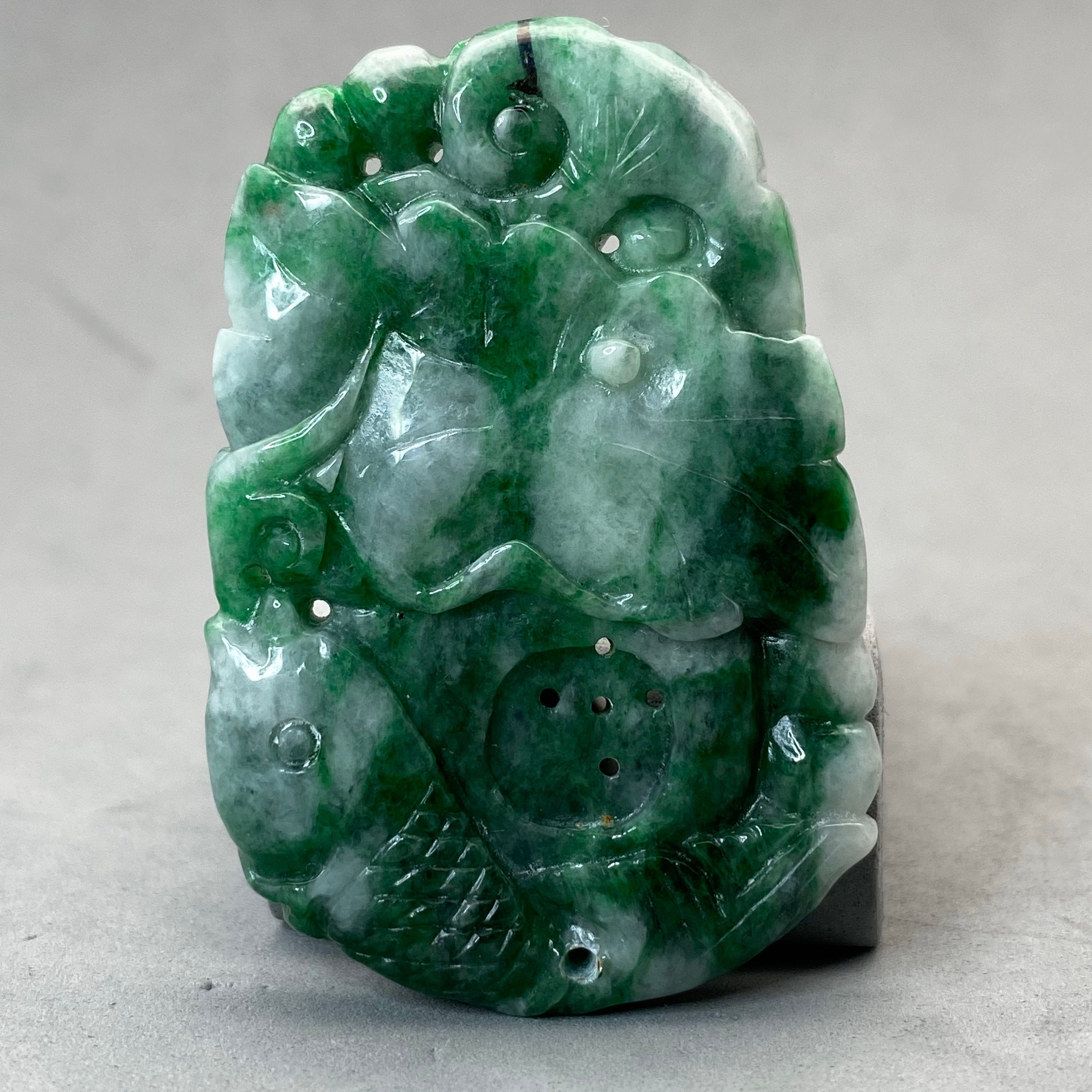 Estate Sale: Vintage Hand Carved Jadeite Pendant of Carps, Lotus Leaves ...