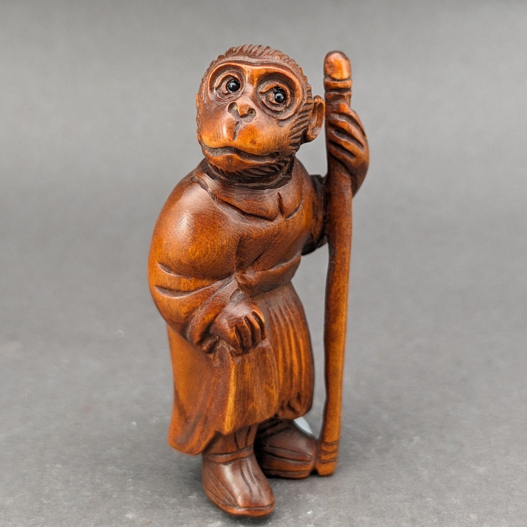 Hand Carved Boxwood Monkey Netsuke, Wood Monkey Netsuke, Boxwood Monkey ...