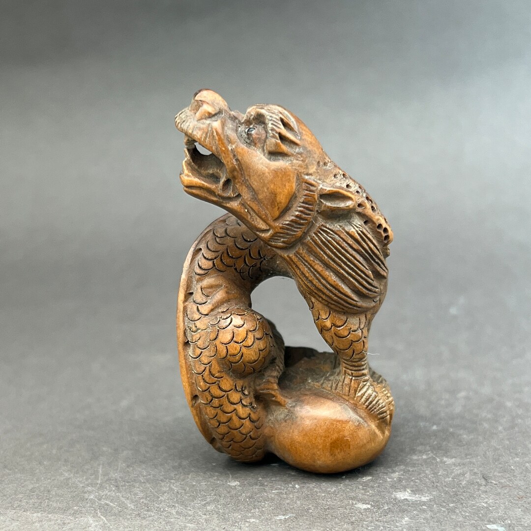 Hand Carved Boxwood Dragon Netsuke, Wood Dragon Netsuke, Boxwood Dragon ...
