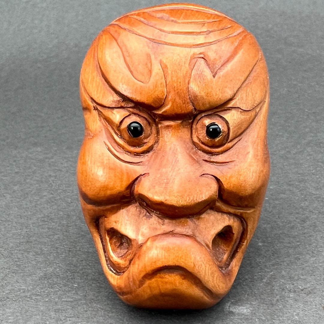 Hand Carved Boxwood Japanese Opera Mask, a Lady and a Devil, Represents ...