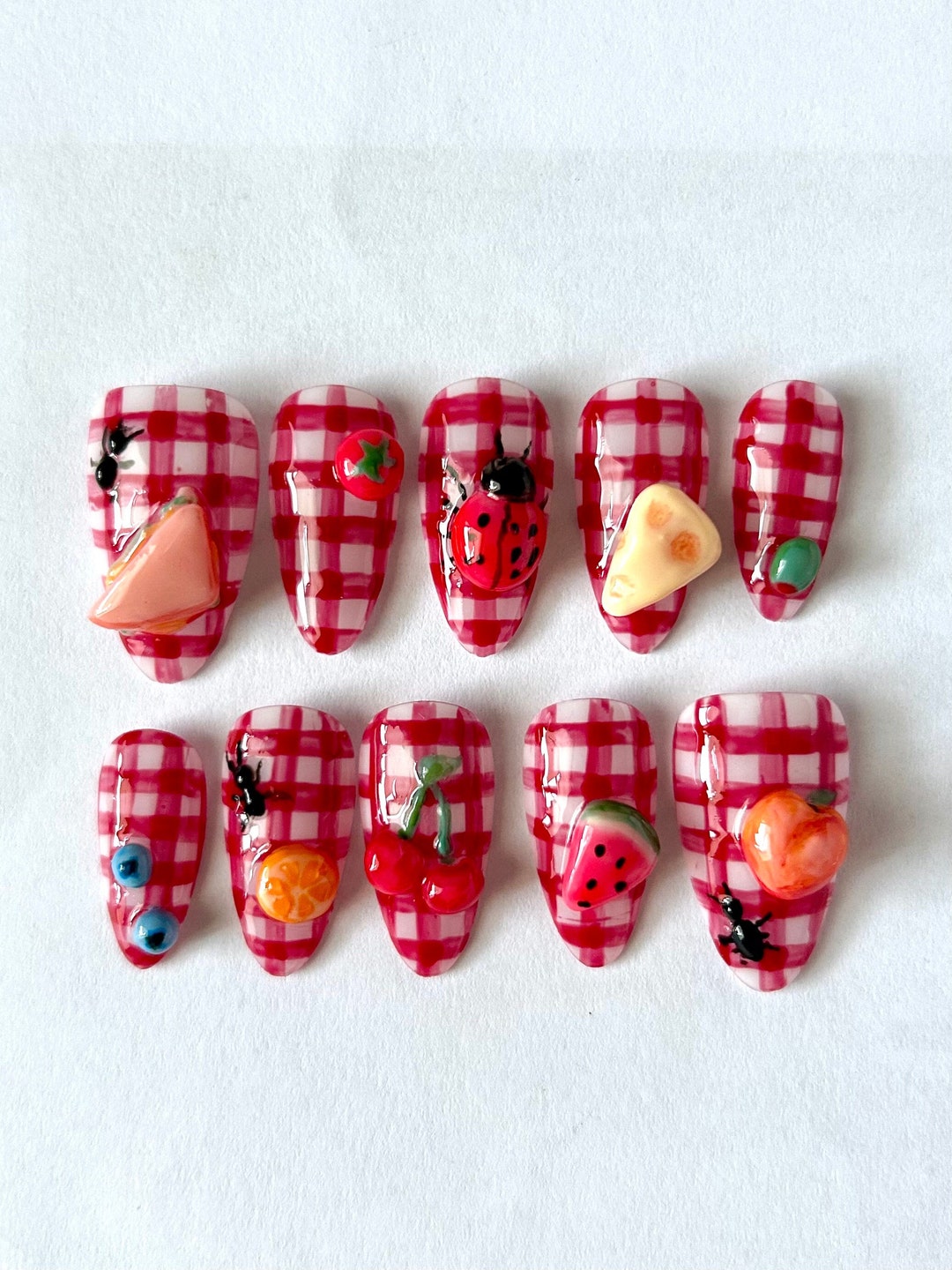 Summer Picnic Gingham Fruit Nails | Hand Painted and 3d Sculpted | Made ...