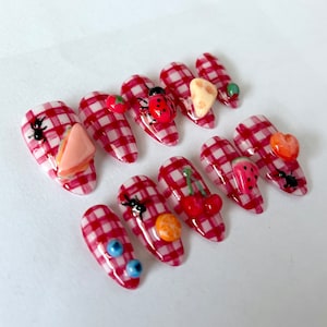Summer Picnic Gingham Fruit Nails | Hand Painted and 3d Sculpted | Made ...