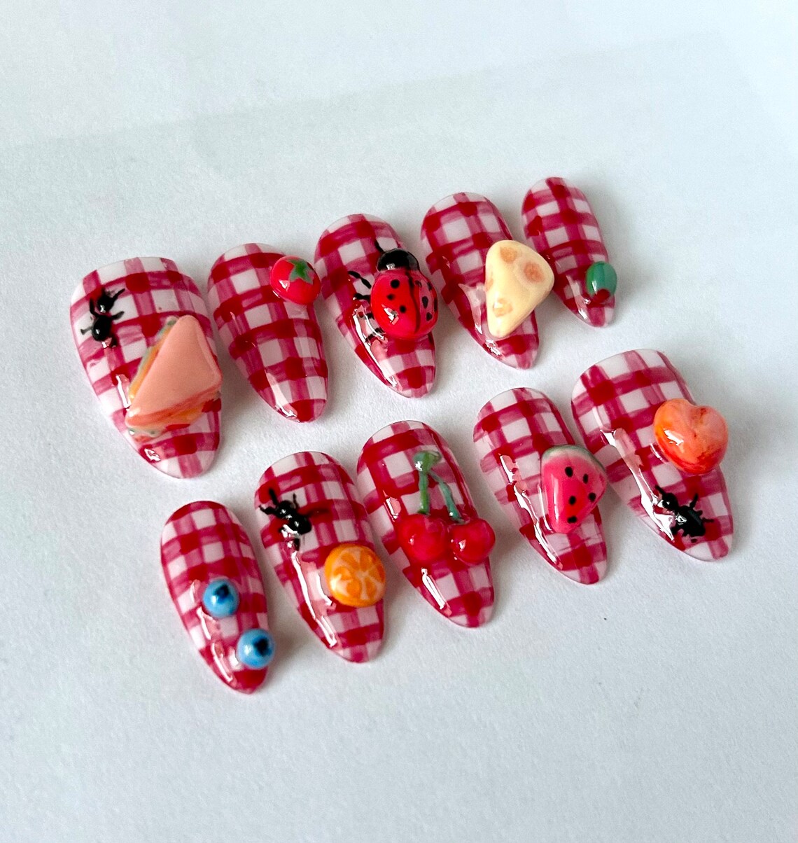 Summer Picnic Gingham Fruit Nails | Hand Painted and 3d Sculpted | Made ...