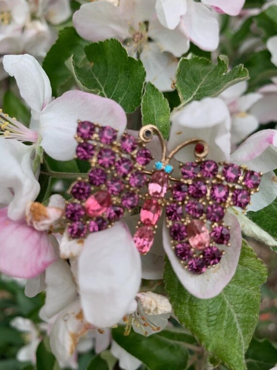Vintage Pink Crystal Butterfly Brooch Pin - Gem