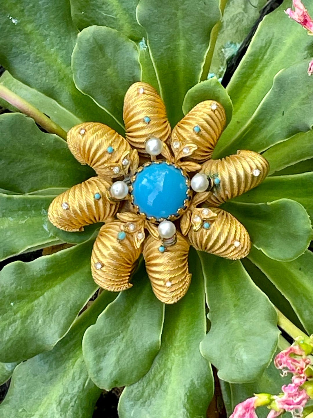Vendome Gold Tone Flower Brooch Pin With Faux Pearls and Turquoise ...