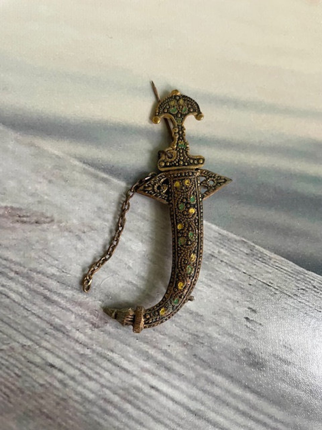 Toledo Spain Damascene Scimitar Brooch – Gold Enamel Sword Pin - Etsy
