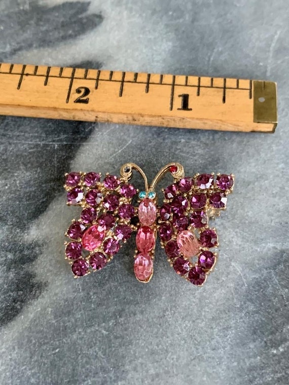 Vintage Pink Crystal Butterfly Brooch Pin - Gem