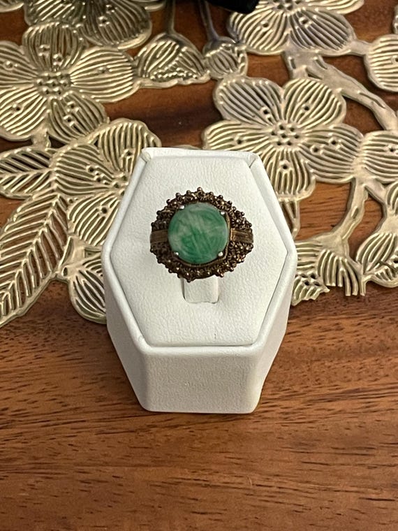 Antique Jade Jadeite Silver Gilt Ring - Adjustable - Gem
