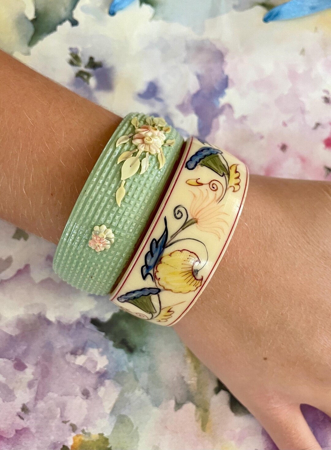 Lot of 2 Celluloid Bangle Bracelets With Hand Painted and Applied ...