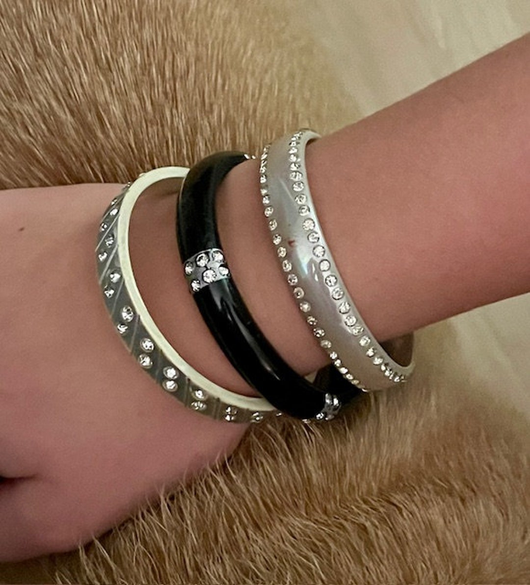 Vintage Celluloid Silver and Black Rhinestone Bangle Bracelets Lot of 3 ...