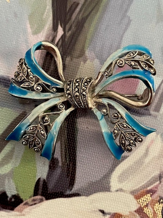 1940's Blue Enamel Bow Brooch Pin with Marcasite ston… - Gem