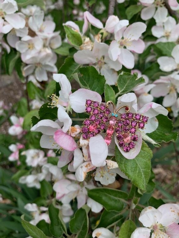 Vintage Pink Crystal Butterfly Brooch Pin - Gem