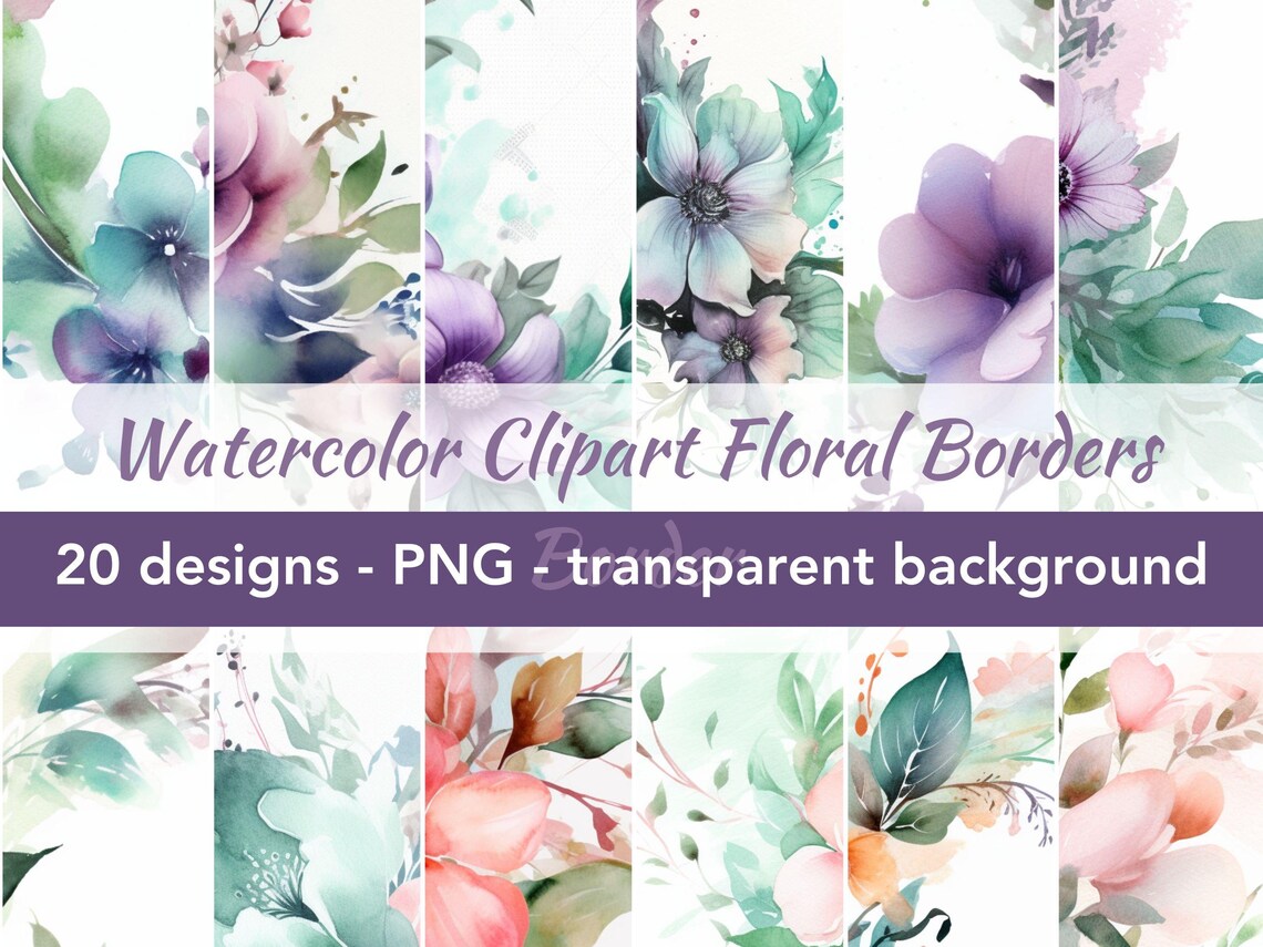 Pastel Flower Border Clipart: Pink & Purple Floral PNG (digital ...