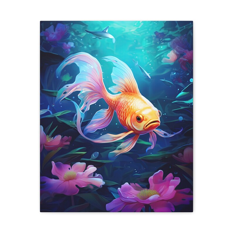 Printed Goldfish With Purple Flowers Wall Art | Canvas Gallery Wrap ...