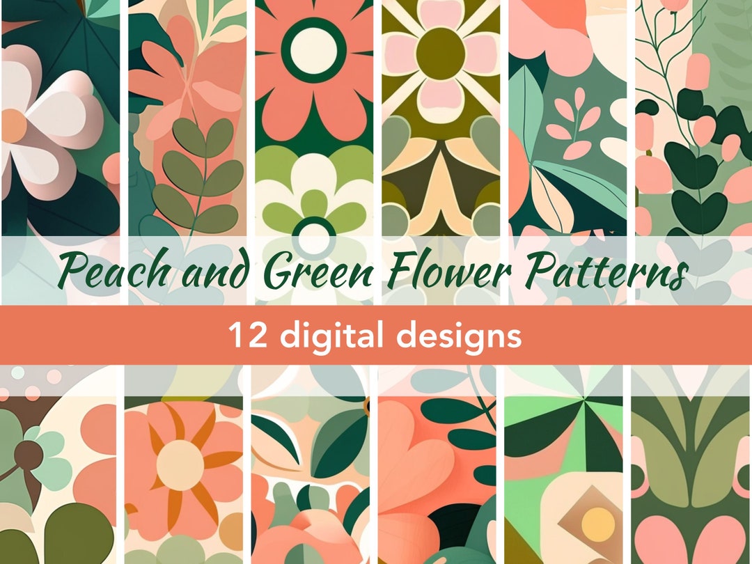 Peach and Green Flower Patterns | 12 X 12 Floral Designs | 12 Digital Pattern Downloads ...