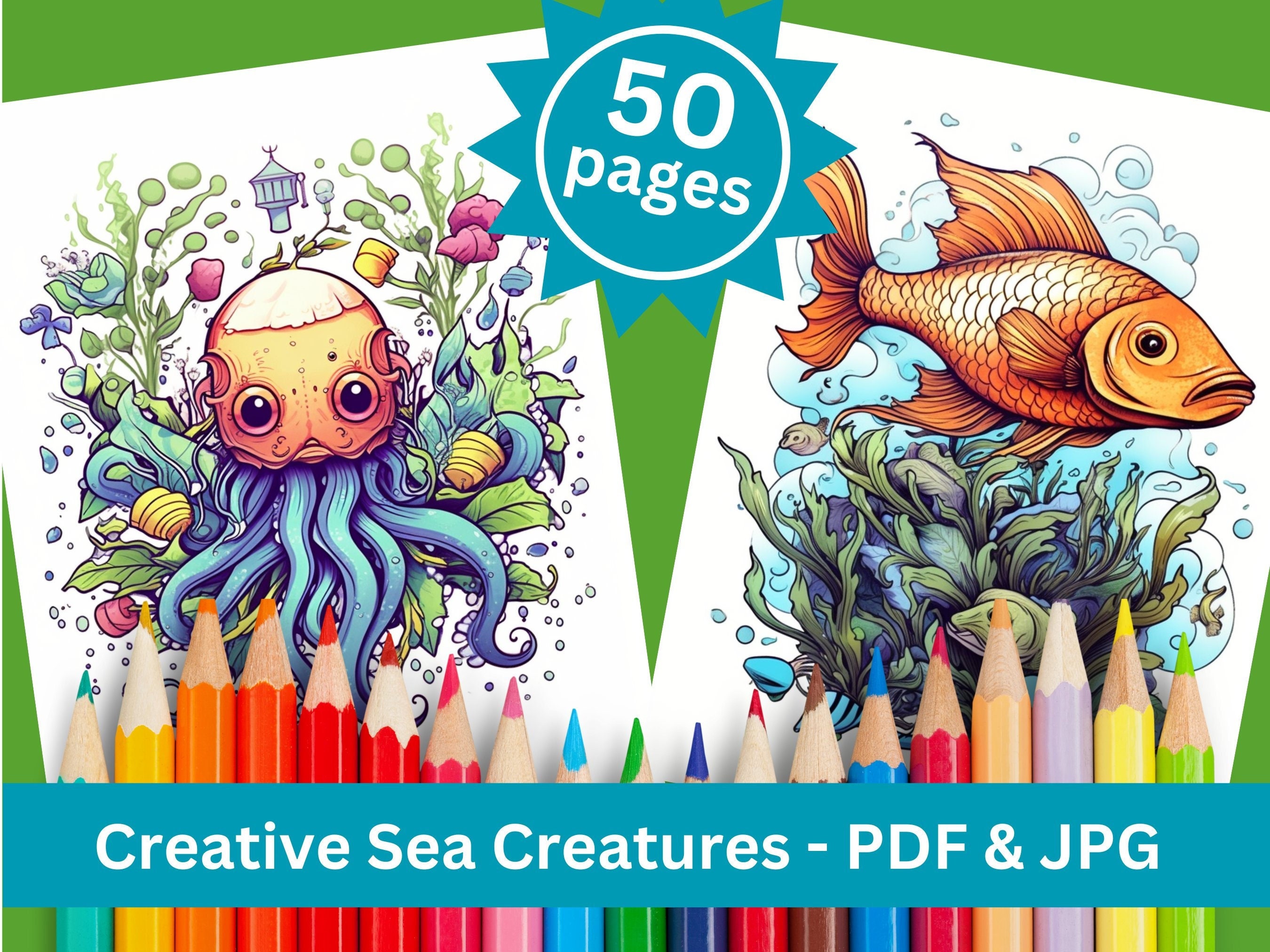 Creative Sea Creatures Coloring Pages Adult Coloring Book 50 Digital ...