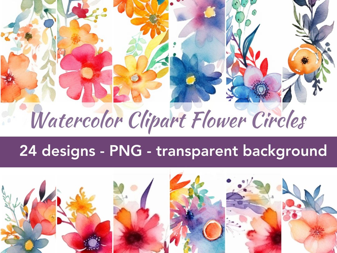 Watercolor Flower Circle Clipart: 24 PNG Floral Designs (digital ...