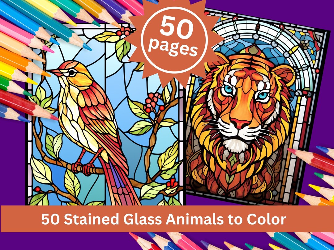 Stained Glass Animal Coloring Book: 50 Printable Pages (PDF & JPG) - Etsy