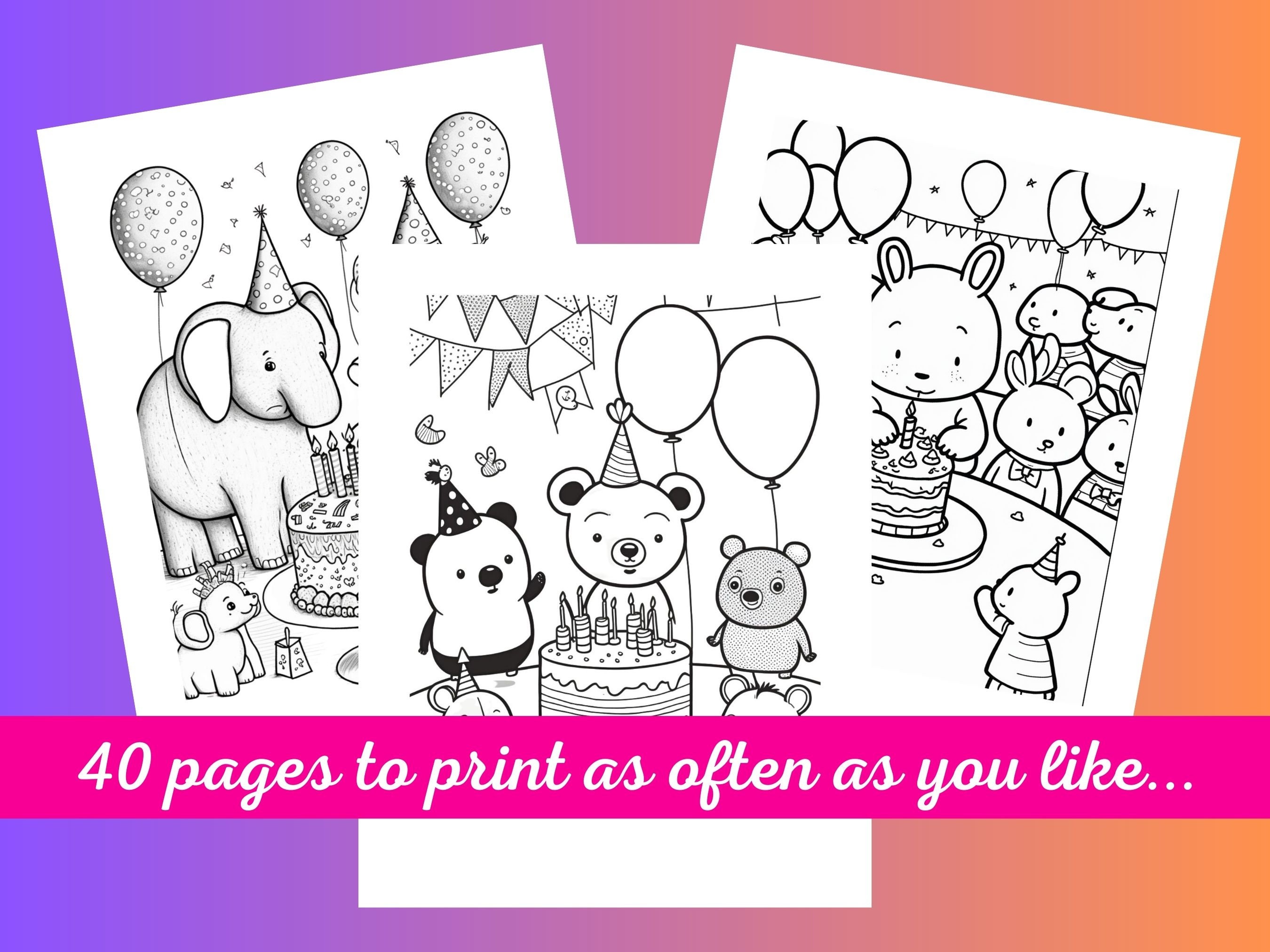 Animal Birthday 40 Coloring Pages Cute Coloring Book 40 Coloring Pages ...
