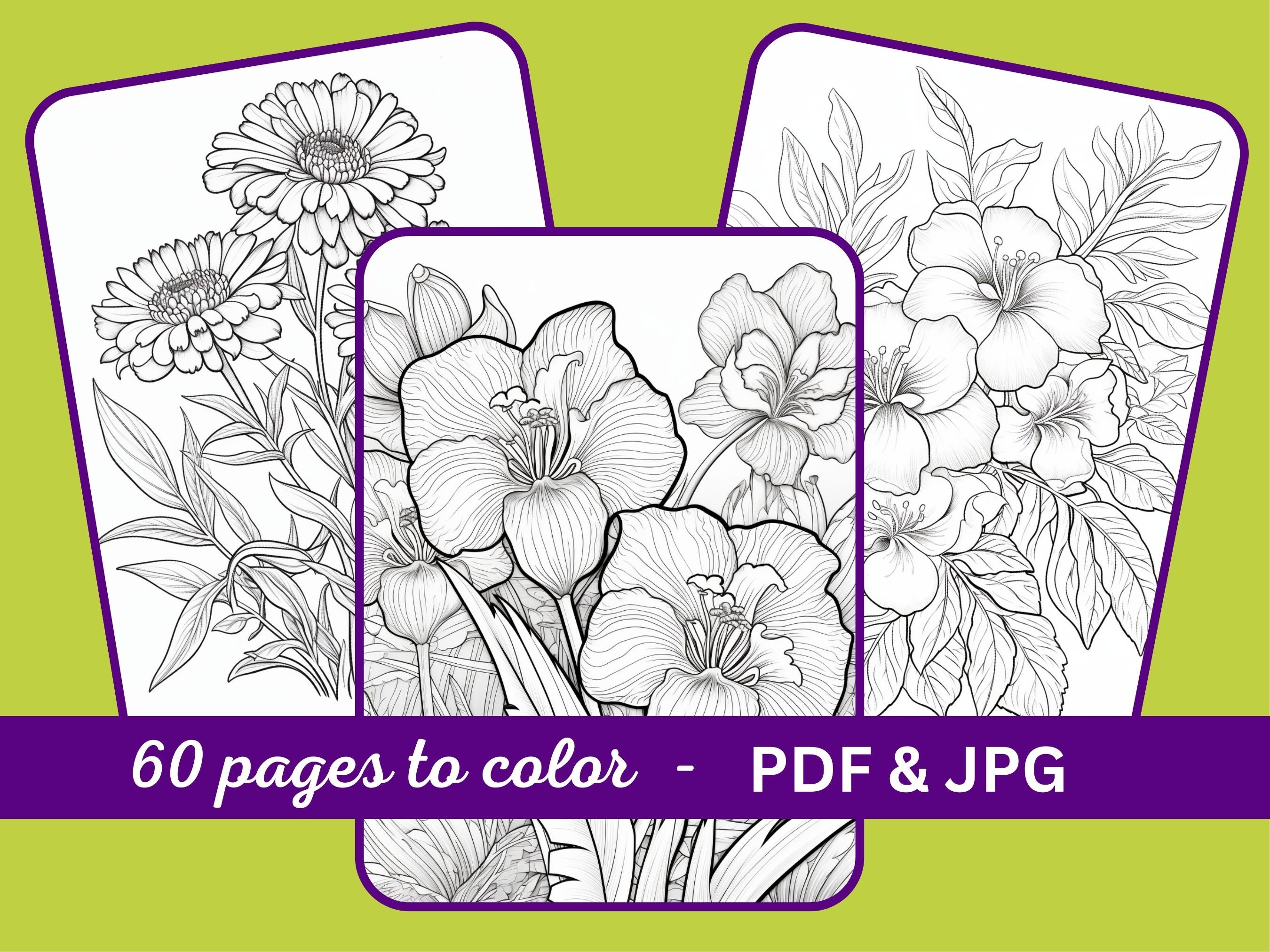 Unique Flowers Coloring Pages Adult Coloring Book 60 - Etsy
