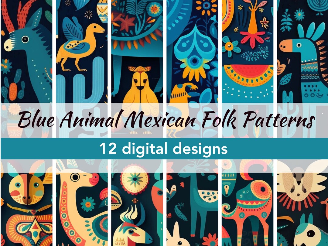 Blue Mexican Animal Folk Patterns: 12 Colorful Designs (digital ...