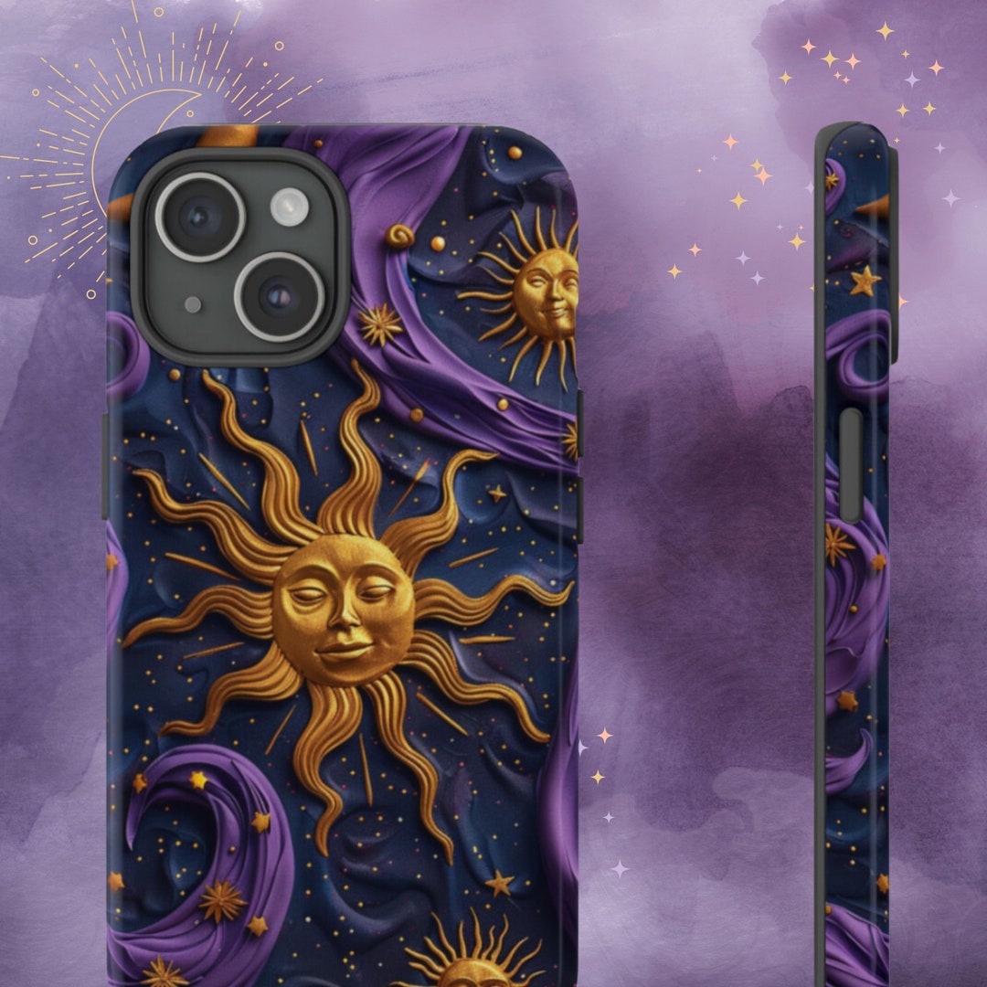 Gold Sun & Purple Waves Magsafe Tough Case, Celestial Faux 3D Style Phone Cover, Matte, Glossy ...
