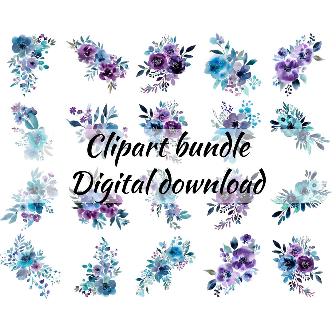 Purple and Turquoise Floral Clipart - Instant Download 20 Digital ...