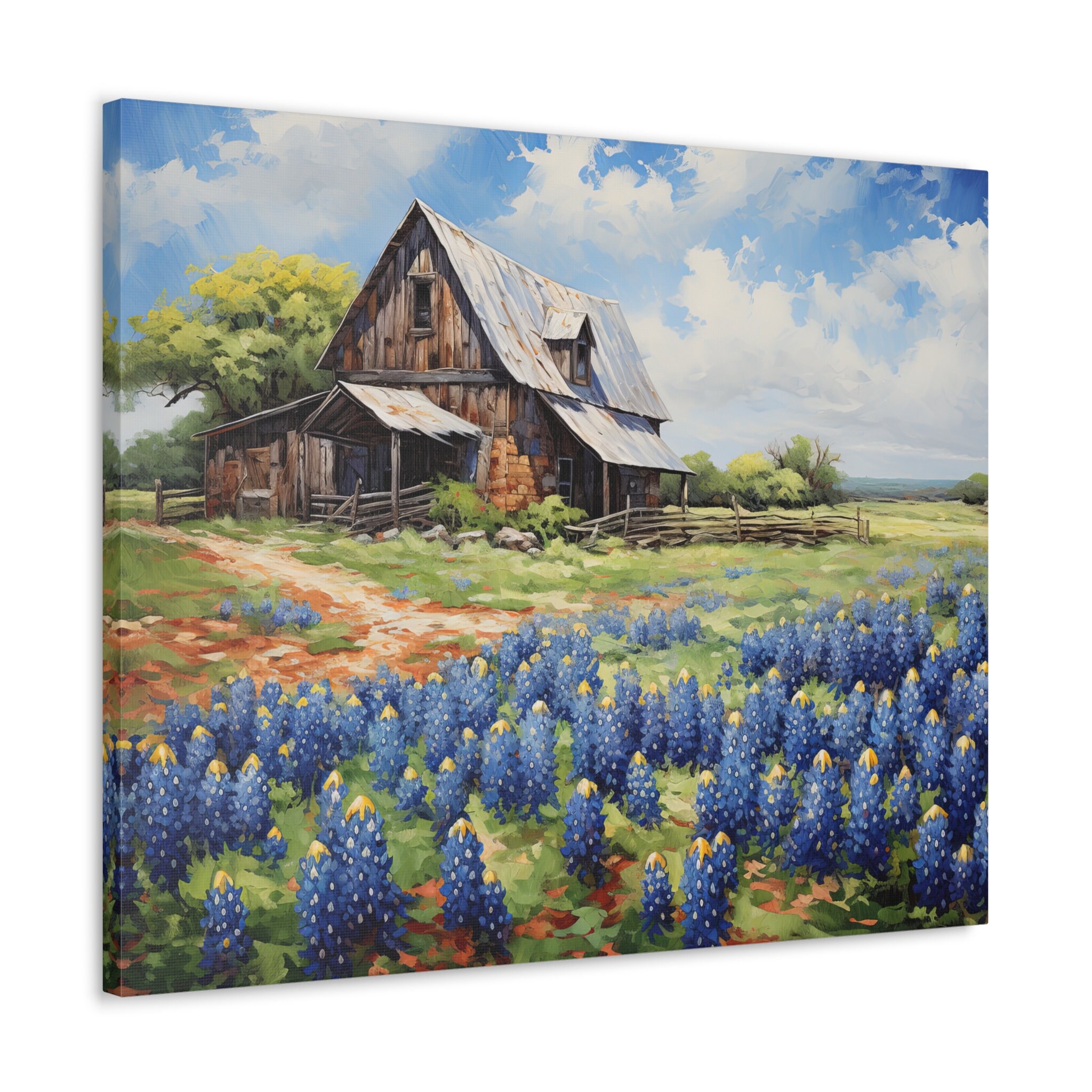 Printed Canvas Rustic Barn & Blue Flowers Landscape Canvas Gallery Wrap ...