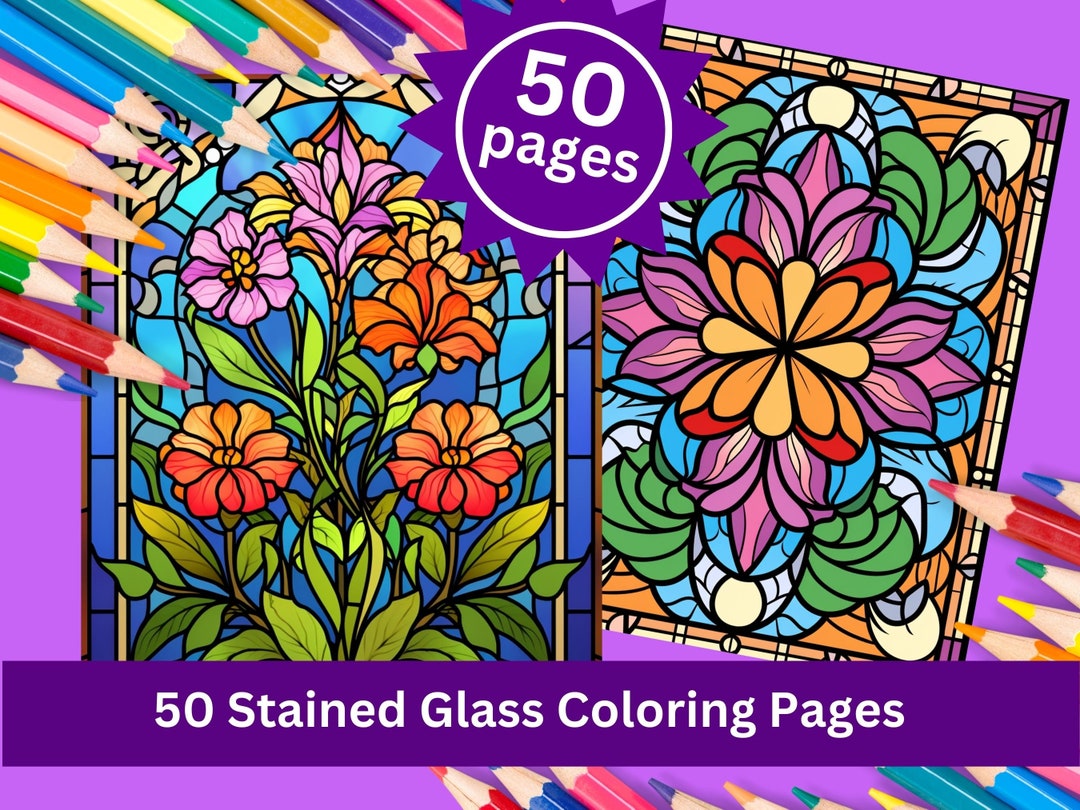Stained Glass Flowers Coloring Pages | Adult Coloring Book | 50 ...