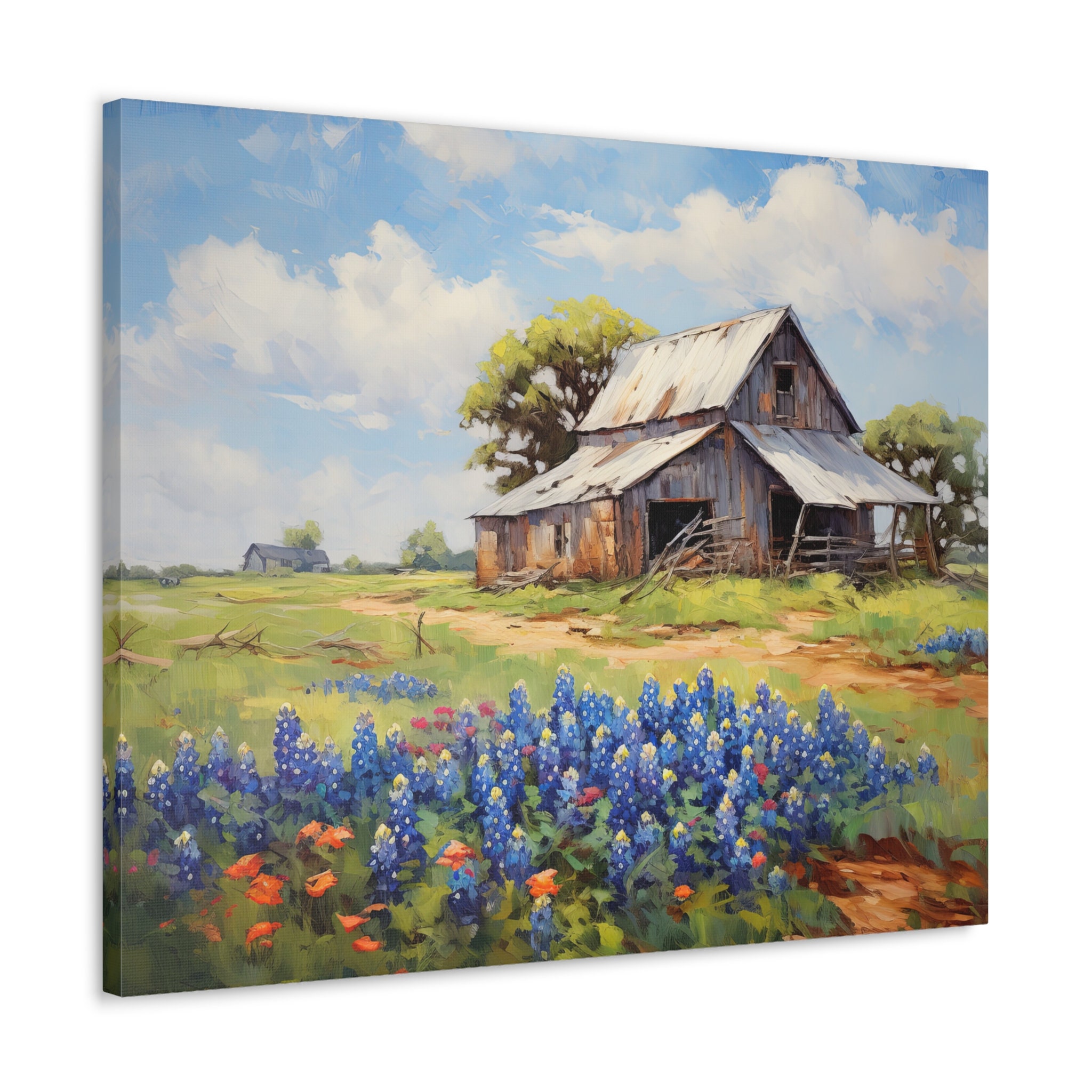 Printed Canvas Rustic Barn With Orange & Blue Flowers Landscape Canvas ...