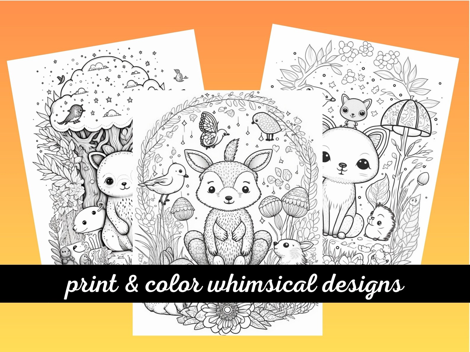 Whimsical Animals and Scenes Fantasy Coloring Book 50 Digital Coloring ...