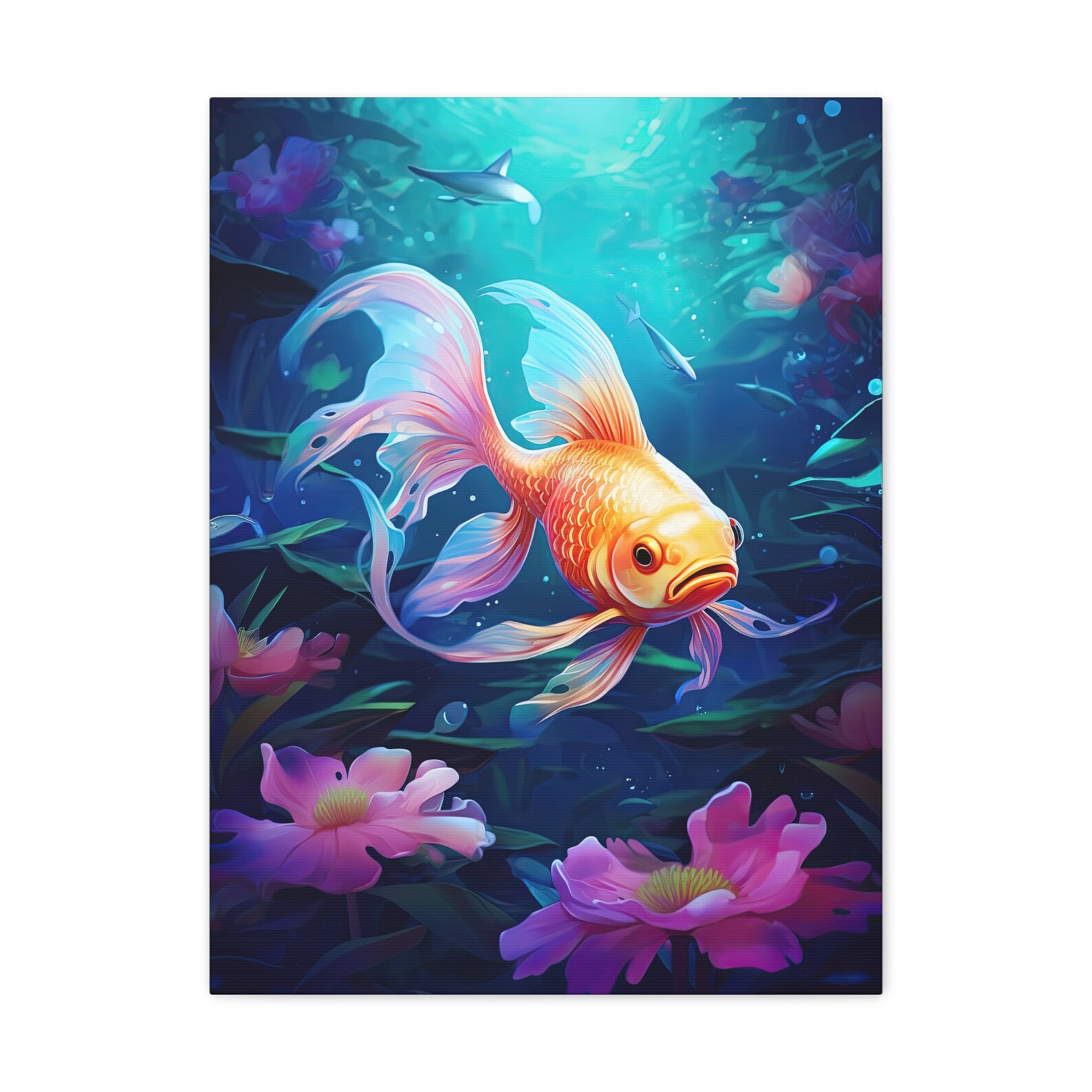 Printed Goldfish With Purple Flowers Wall Art Canvas Gallery Wrap ...