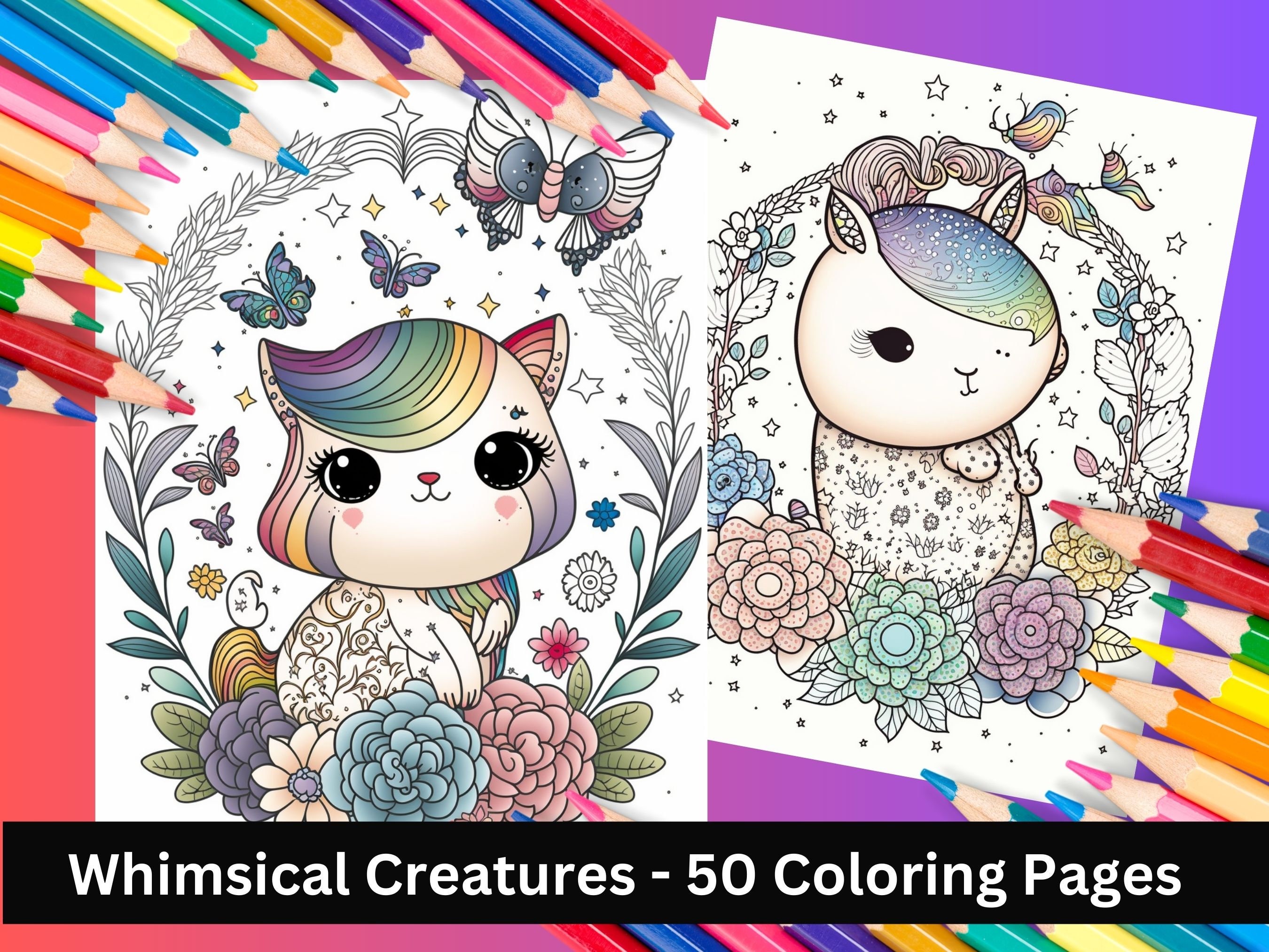 50 Pages of Whimsical Creatures Fantasy Coloring Book 50 Coloring Pages ...