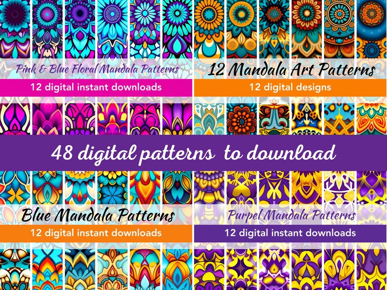 Colorful Mandala Pattern Bundle: 48 Printable JPG Tiles (digital ...