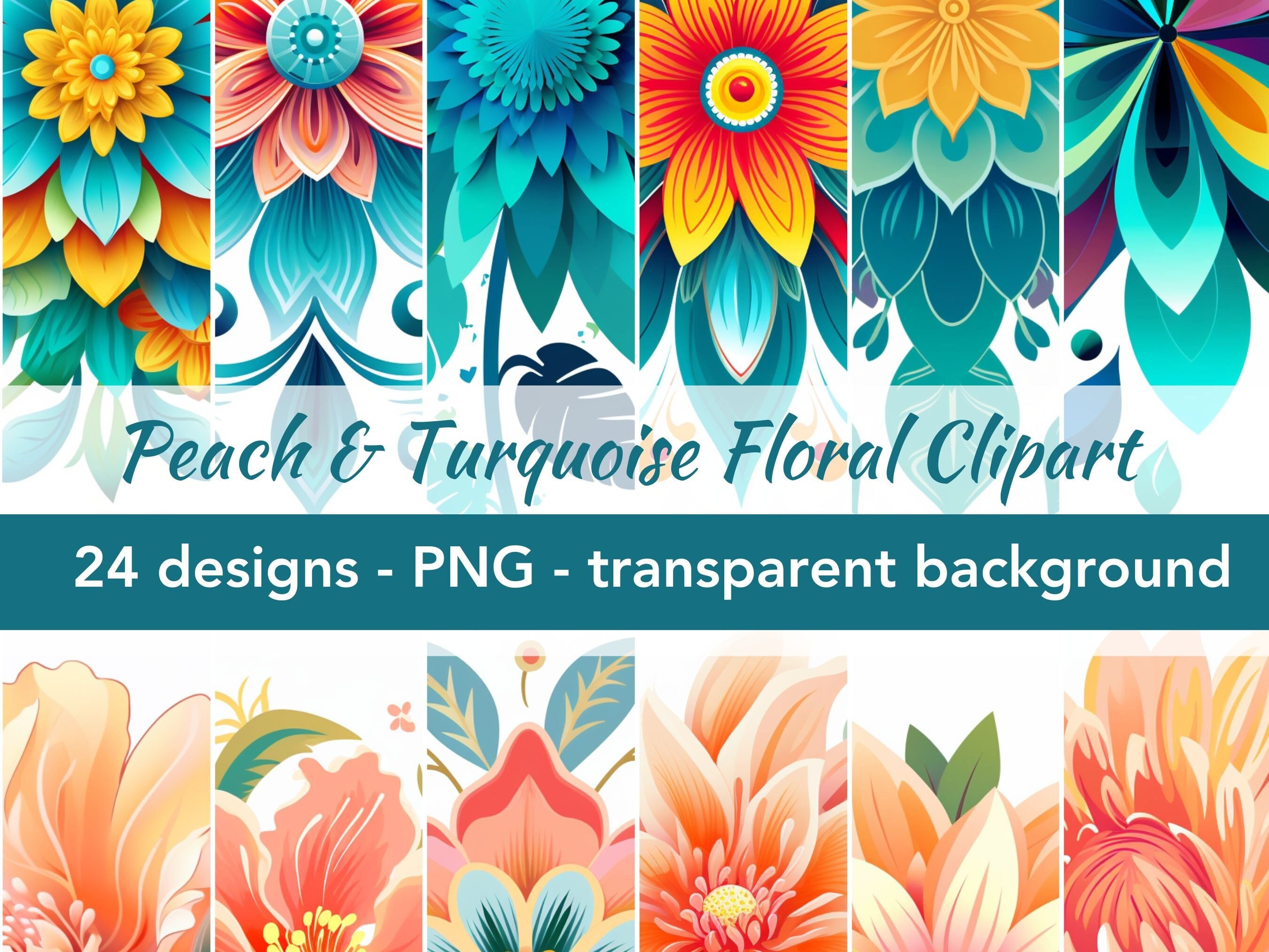 Peach & Turquoise Floral Designs, Png Files With Transparent Background ...