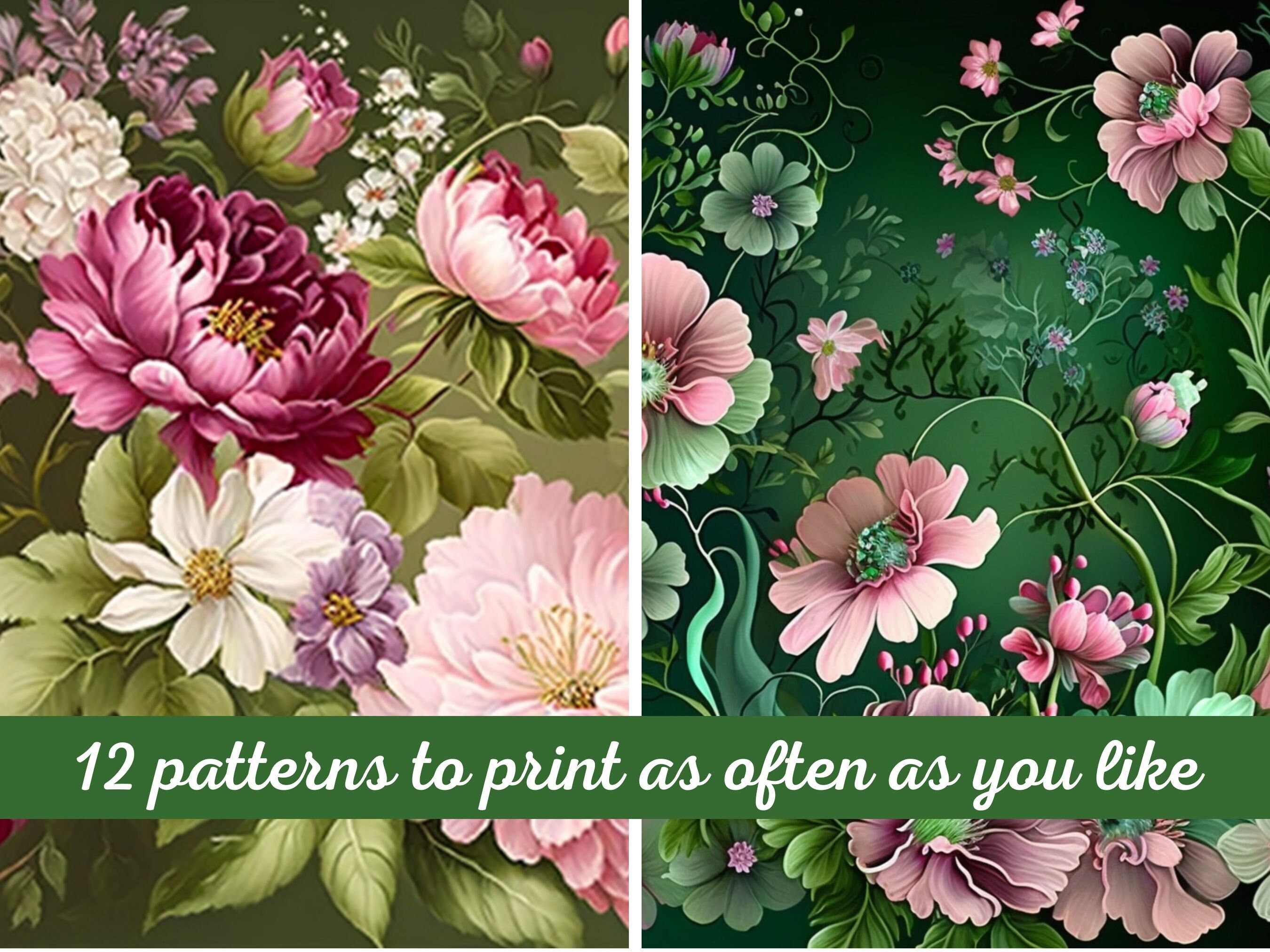 Beautiful Green and Pink Flower Patterns 12 X 12 Floral Designs 12 ...